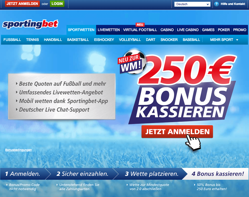 Sportingbet Sportwetten Bonus 50% - 250€ - Wetten mit Paypal